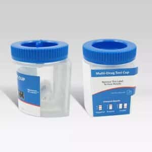 Multi-drug urine test with container, timer and thermometer