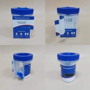 Multi-drug urine test with container, timer and thermometer